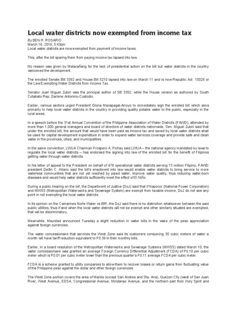Local Water Districts Now Exempted From Income Tax | PDF | Water Supply ...