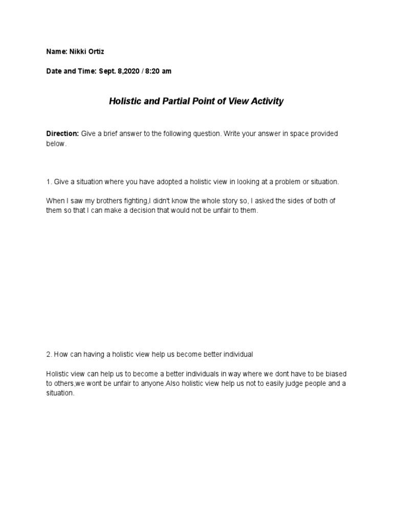Holistic and Partial Point of View Activity | PDF
