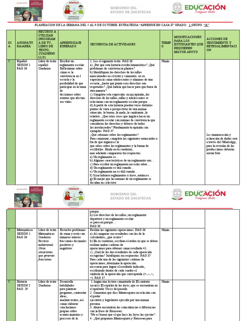 Planificación semanal para el aprendizaje a distancia de estudiantes de ...