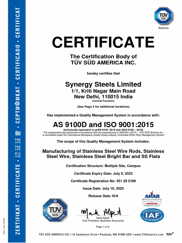 Certificate: AS 9100D and ISO 9001:2015 | PDF | Iso 9000 | Production And Manufacturing