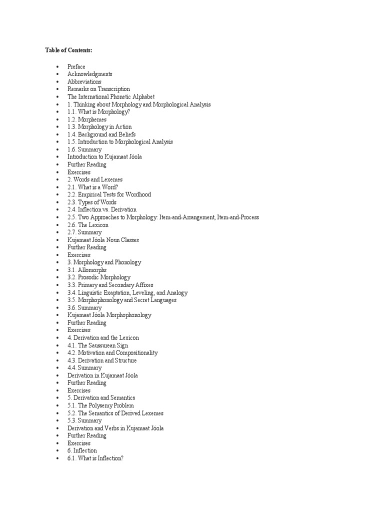 Morphology Table of Contents | PDF | Morphology (Linguistics) | Lexicon