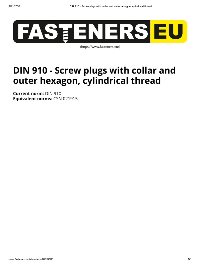 DIN 910 - Screw Plugs With Collar and Outer Hexagon, Cylindrical Thread | PDF | Screw ...