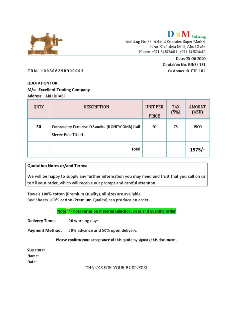 Quotation For Address: ABU DHABI: Tailoring | PDF