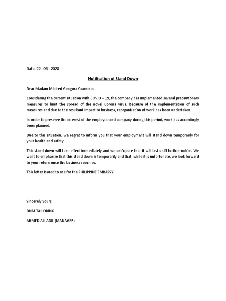 Notification of Stand Down | PDF