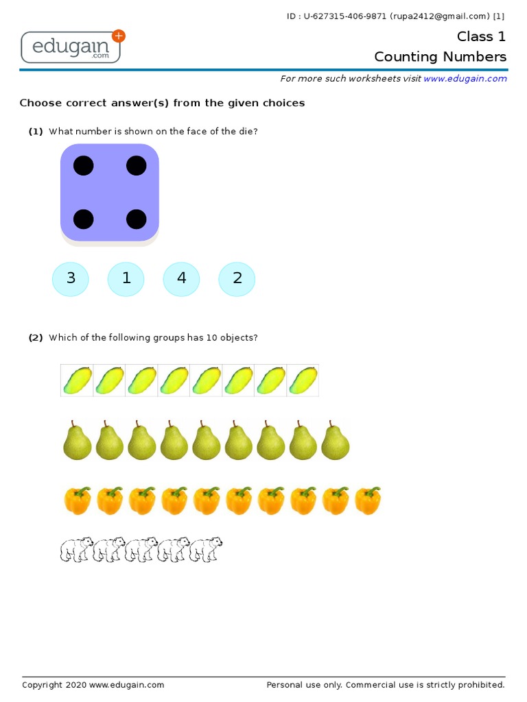 Class 1 Counting Numbers: Choose Correct Answer(s) From The Given ...