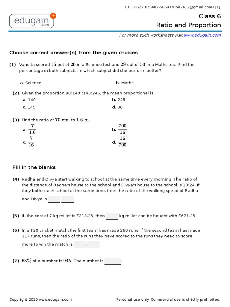 Class 6 Ratio and Proportion: Choose Correct Answer(s) From The Given ...