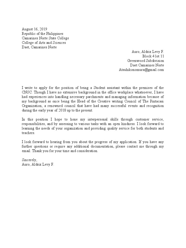 Letter To Being A Student Assistant | PDF