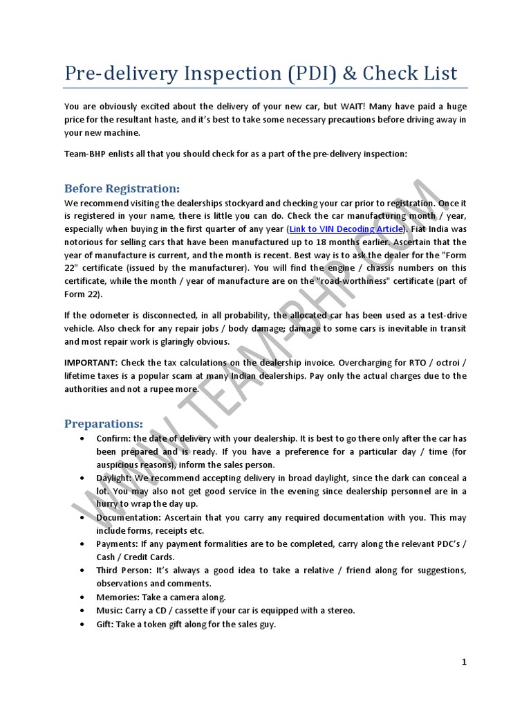 New Car Delivery Checklist | PDF