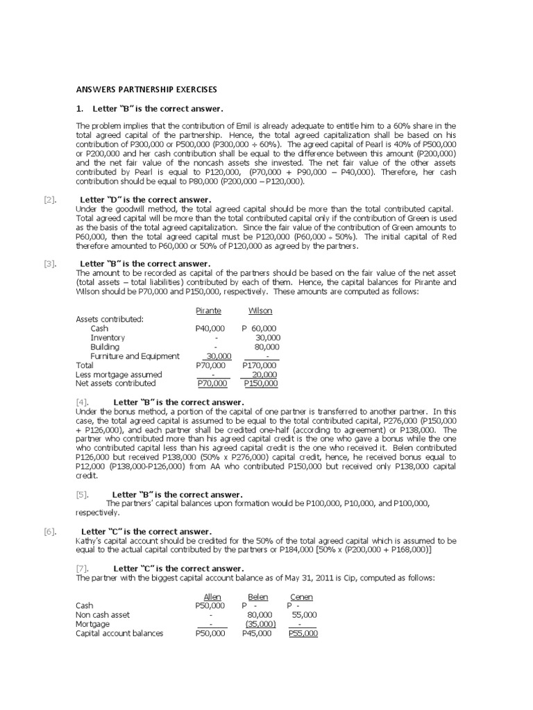 Answers Partnership Exercises | PDF | Goodwill (Accounting) | Book Value