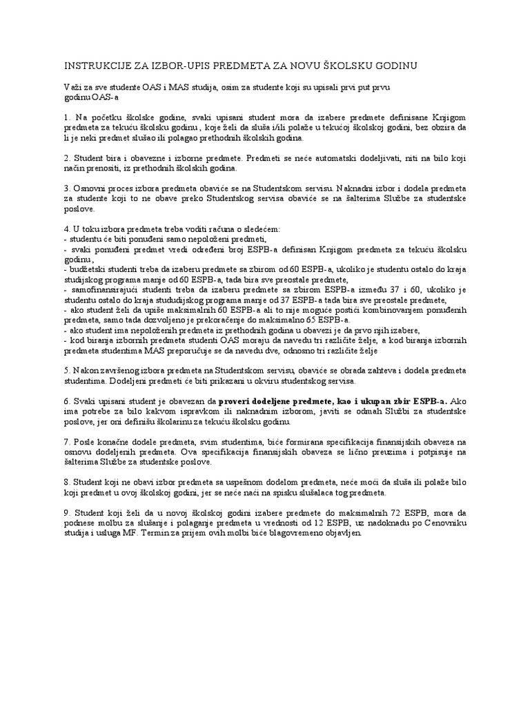 Instrukcije Za Izbor Predmeta | PDF
