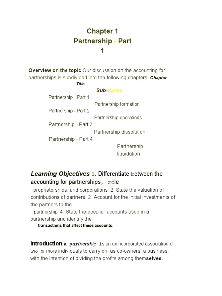 Chapter 1 - Partnership Formation PDF | PDF | Partnership | Debits And ...