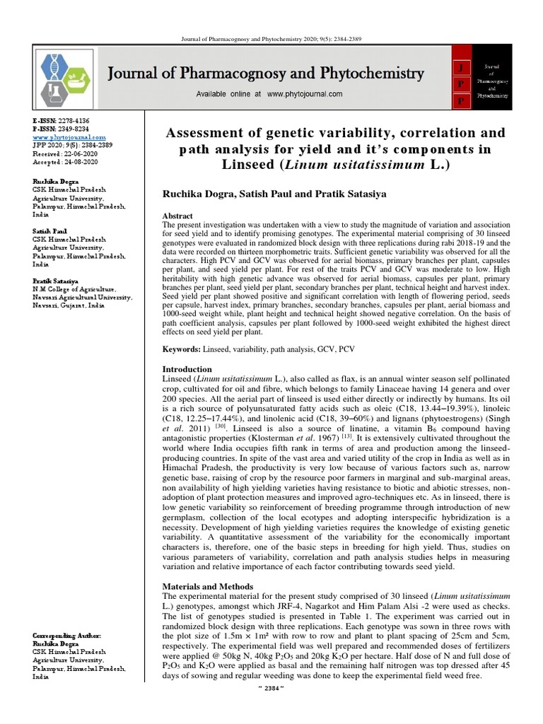 Assessment of Genetic Variability, Correlation and Path Analysis For Yield and It's Components ...