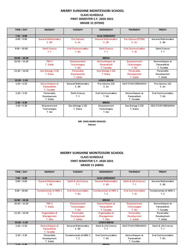 Merry Sunshine Montessori School: Class Schedule FIRST SEMESTER S.Y ...