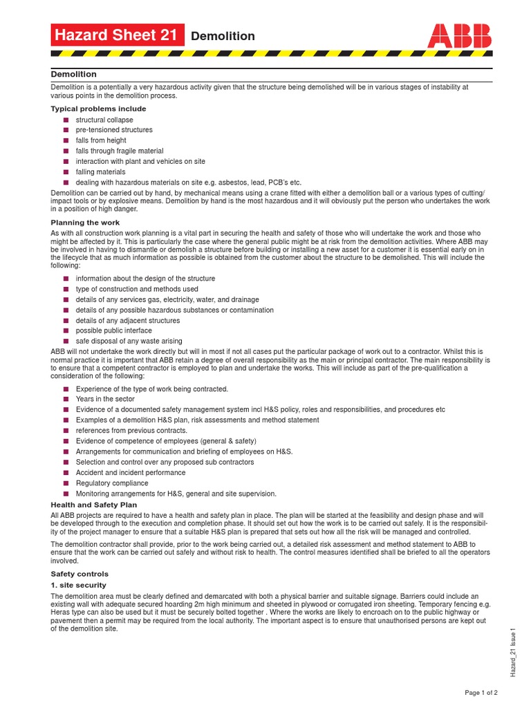 Hazard Sheet 21: Demolition | PDF | Demolition | Safety