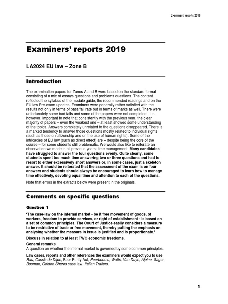 Examiners' Reports 2019: LA2024 EU Law - Zone B | Download Free PDF | European Union Law ...