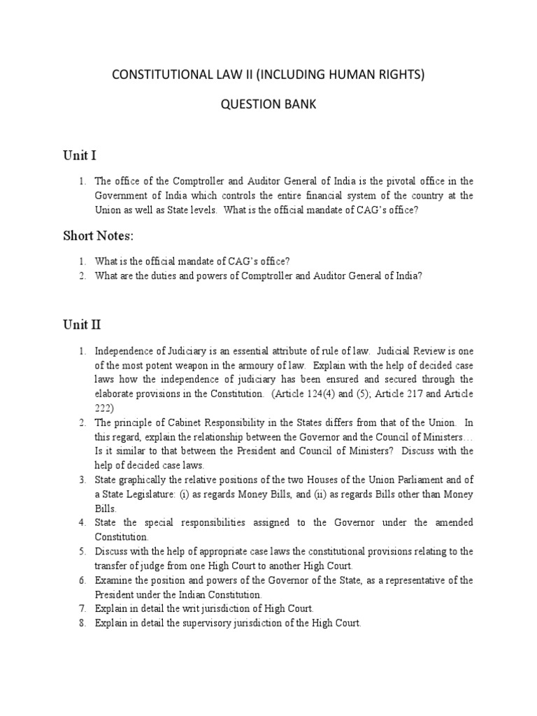 Constitutional Law - II Question Bank | PDF | Constitution | Human Rights
