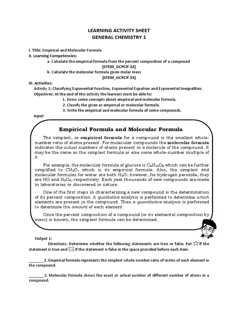 Learning Activity Sheet General Chemistry 1: Empirical Formula and ...