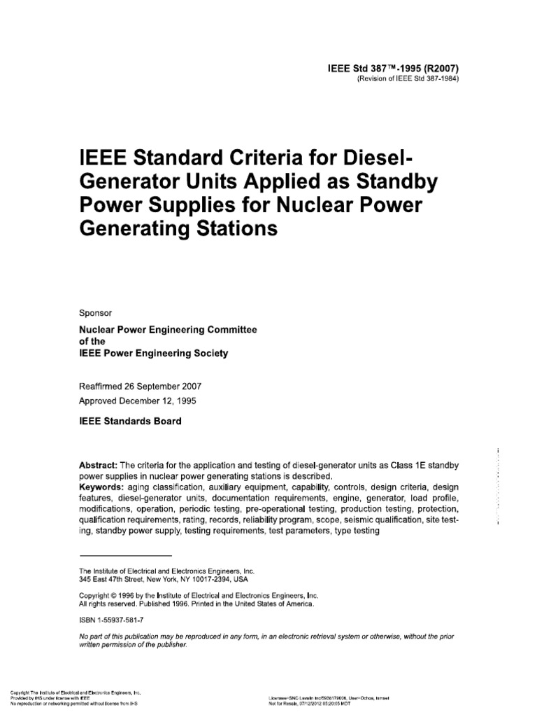 IEEE STD 387-1995 (Revision of IEEE Std... For Nuclear Power Generating ...