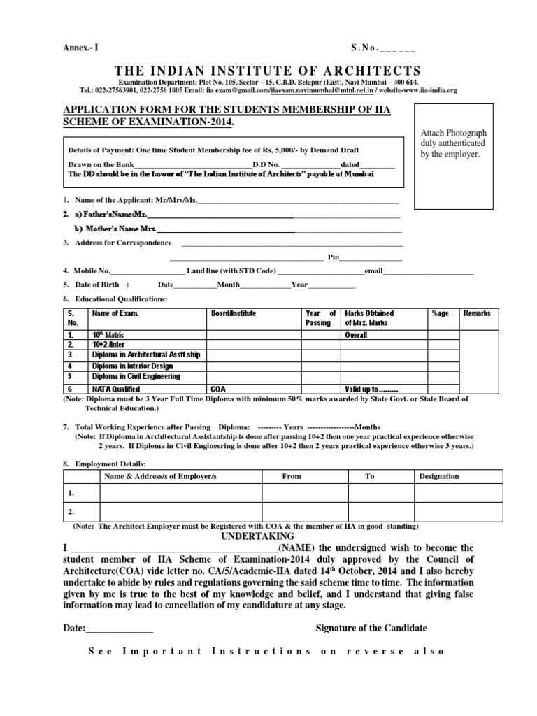 The Indian Institute of Architects: Application Form For The Students ...
