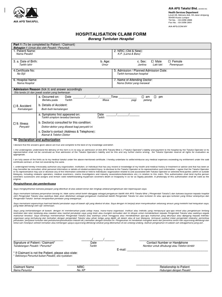 Hospitalisation Claim Form: Borang Tuntutan Hospital | PDF | Pathology ...