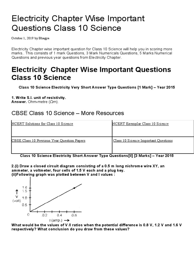 Electricity Chapter Wise Important Questions Class 10 Science | PDF ...