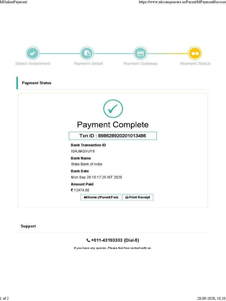 Payment Status: TXN ID: 898628920201013486 | PDF