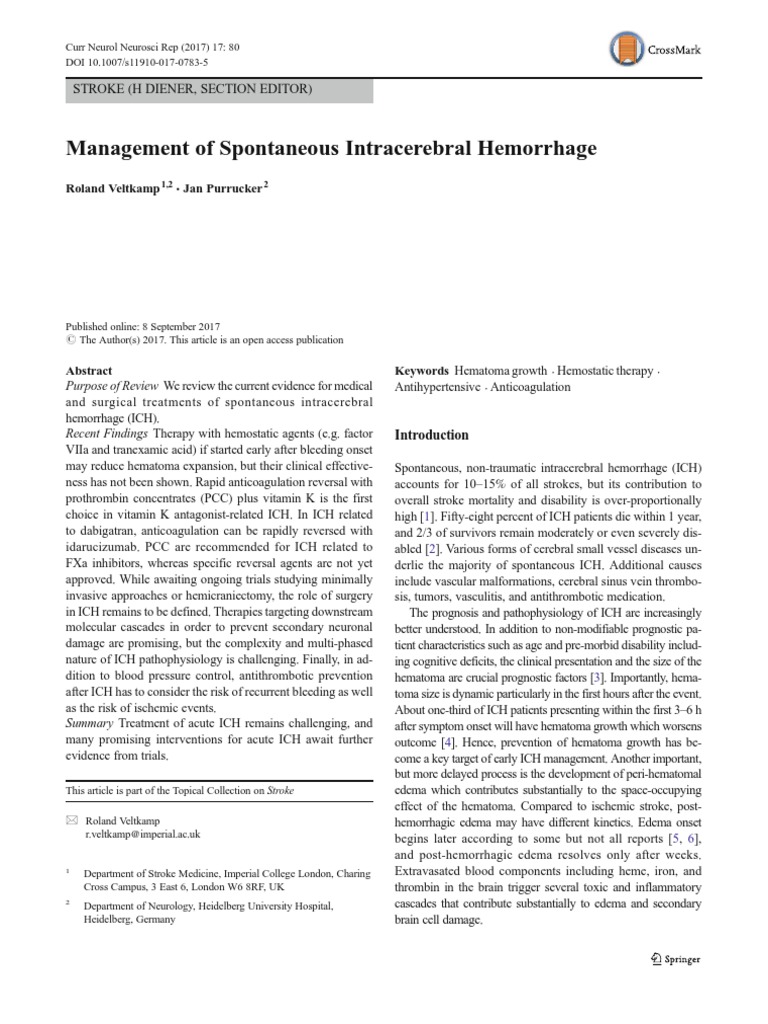Management of Spontaneous Intracerebral Hemorrhage: Stroke (H Diener ...