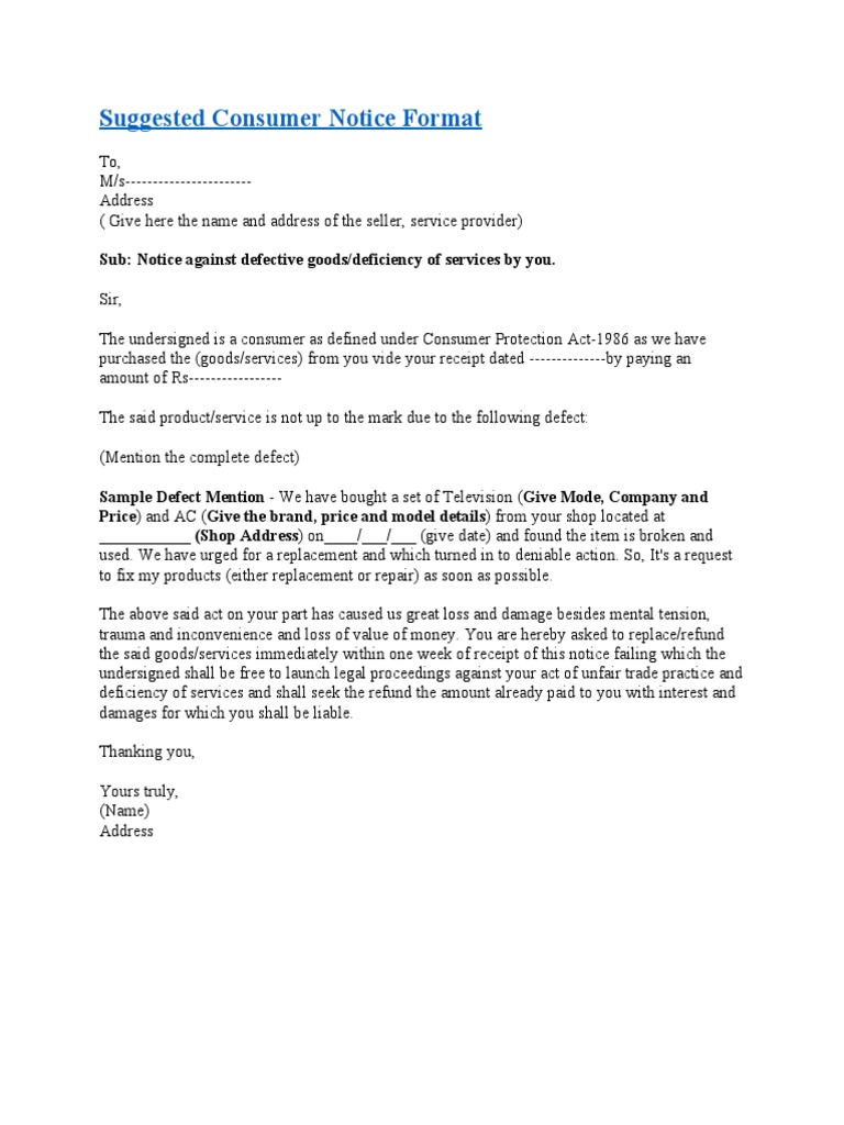 Suggested Consumer Notice Format: Sub: Notice Against Defective Goods ...