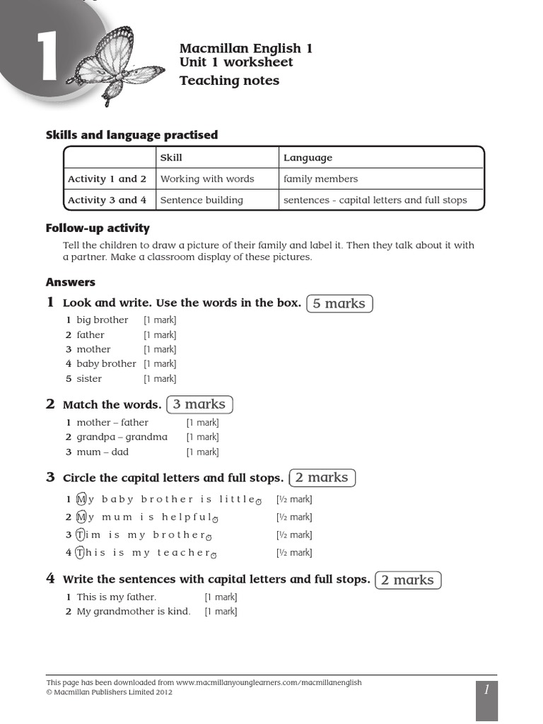 Macmillan English 1 Unit 1 Worksheet Teaching Notes | PDF