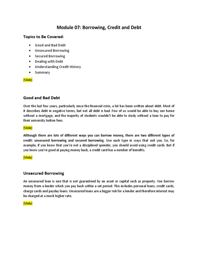 Module 07: Borrowing, Credit and Debt: Topics To Be Covered | PDF ...