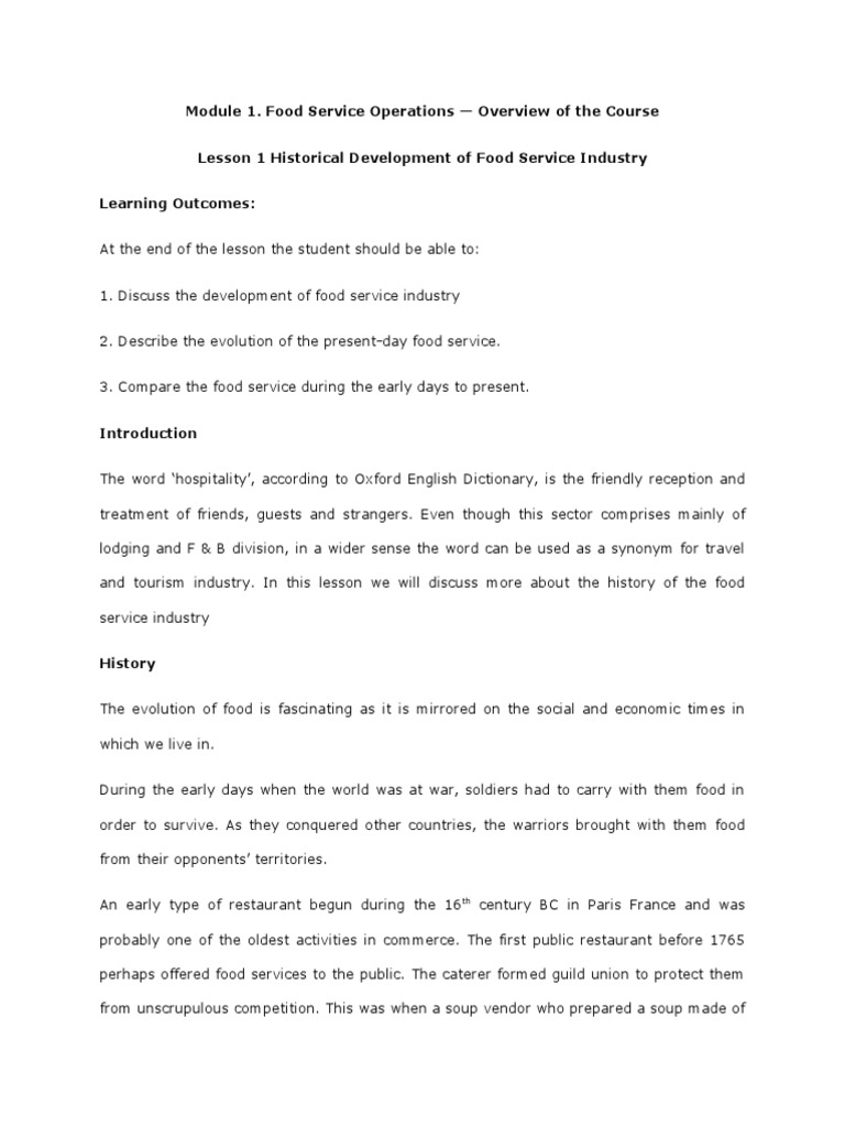 Module 1. Food Service Operations - Overview of The Course Lesson 1 ...