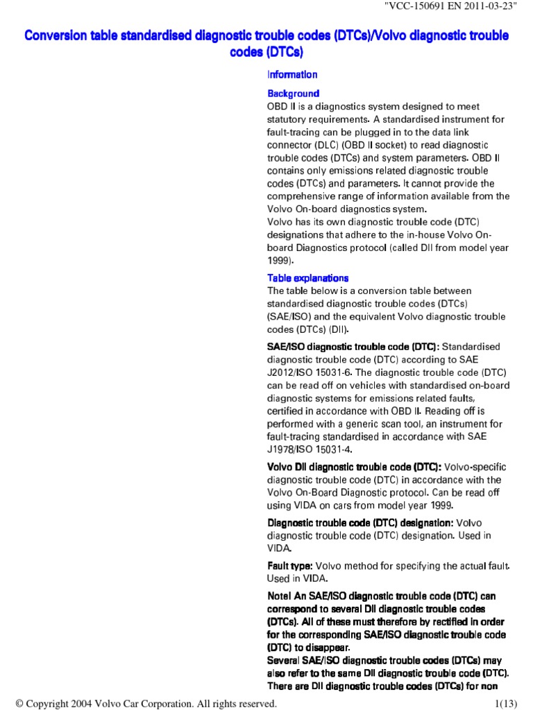 Diagnostic Codes DTC Versus Volvo DTC | PDF | Throttle | Ignition System