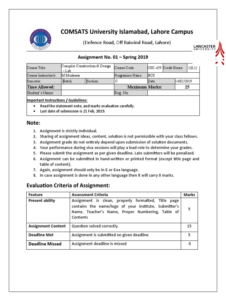 COMSATS University Islamabad, Lahore Campus: Assignment No. 01 - Spring ...