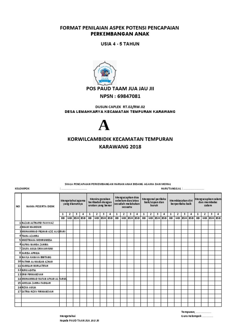 Format Penilaian Perkembangan 4-5 | PDF