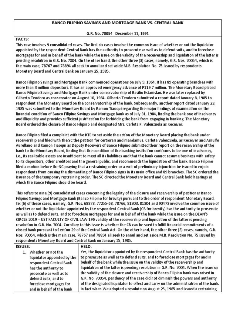 Banco Filipino Savings Vs Central Bank | PDF | Liquidation | Foreclosure
