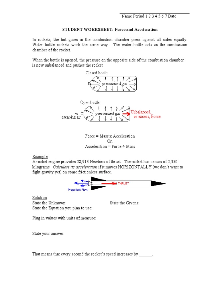 STUDENT WORKSHEET: Force and Acceleration | PDF | Rocket | Thrust