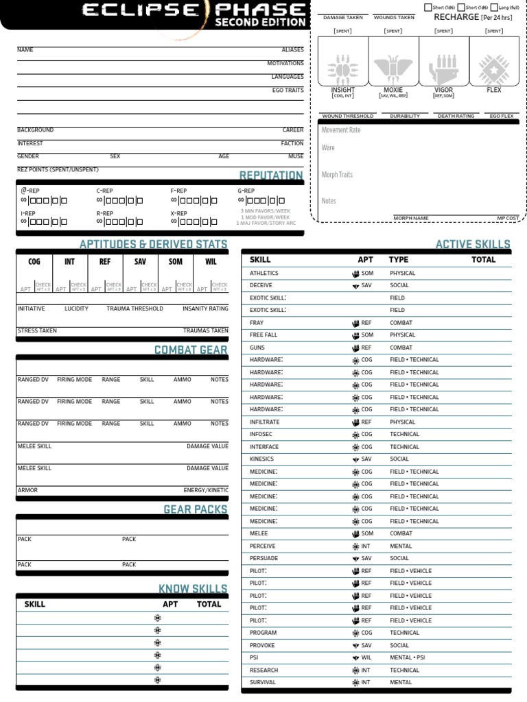 Eclipse Phase - Second Edition - Character Sheet | PDF | Leisure | Sports
