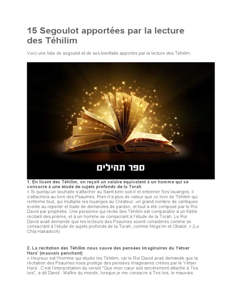15 Segoulot Apportées Par La Lecture Des Téhilim | PDF | Les juifs et le judaïsme | Torah