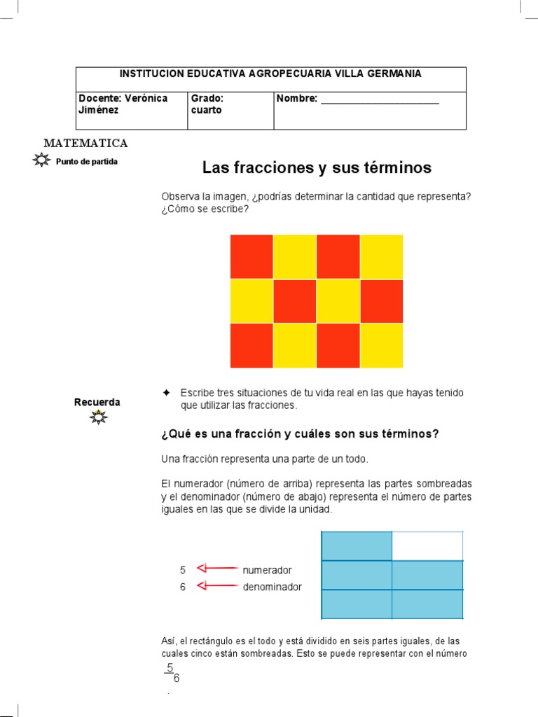 Guia Grado 4º Fracciones | PDF | Fracción (Matemáticas) | Enseñanza de ...