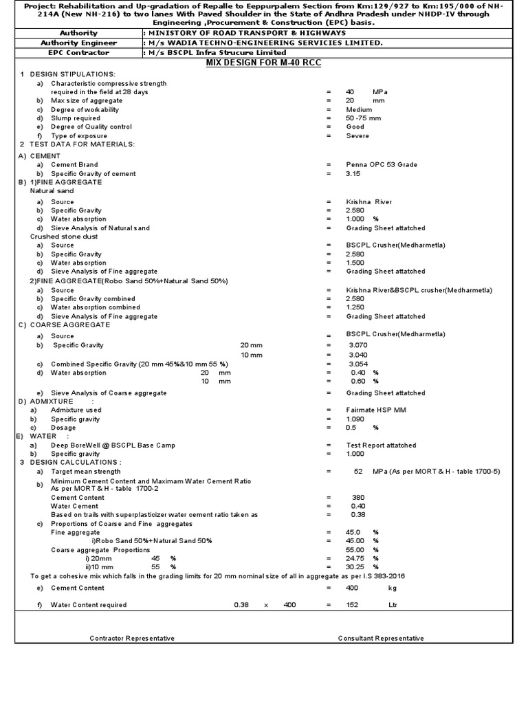 M40 RCC Mix Design Penna Cement With Fairmate (400 KGS) | PDF ...