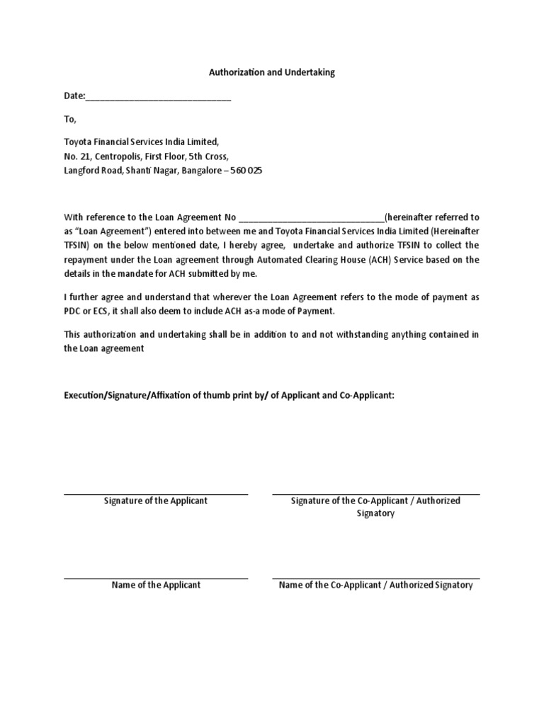 Authorization and Undertaking Letter | PDF