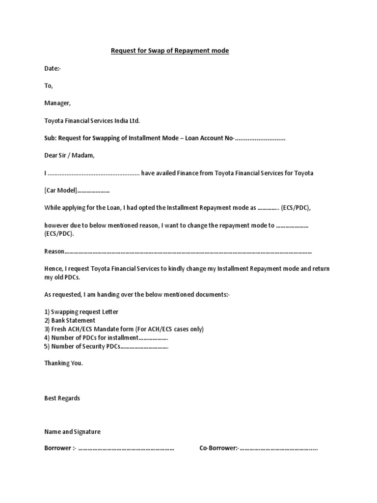 Customer Request Letter For Swaping - Repayment Mode | PDF