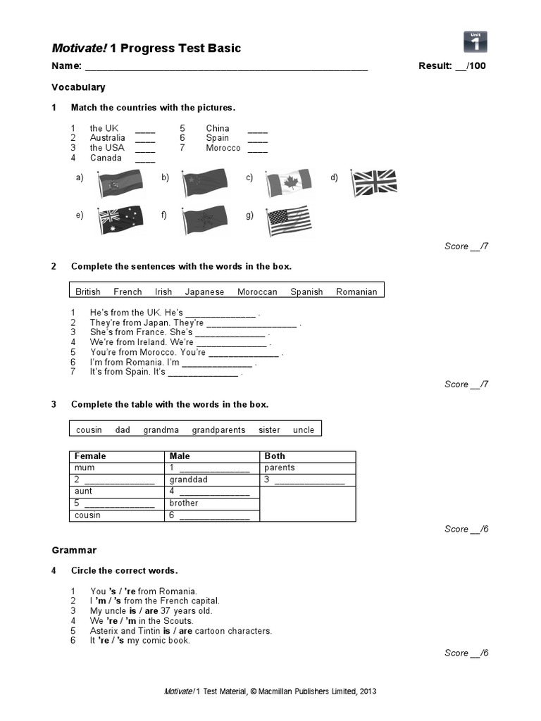 Motivate! 1 Progress Test Basic: Name: - Result: - /100 Vocabulary | PDF