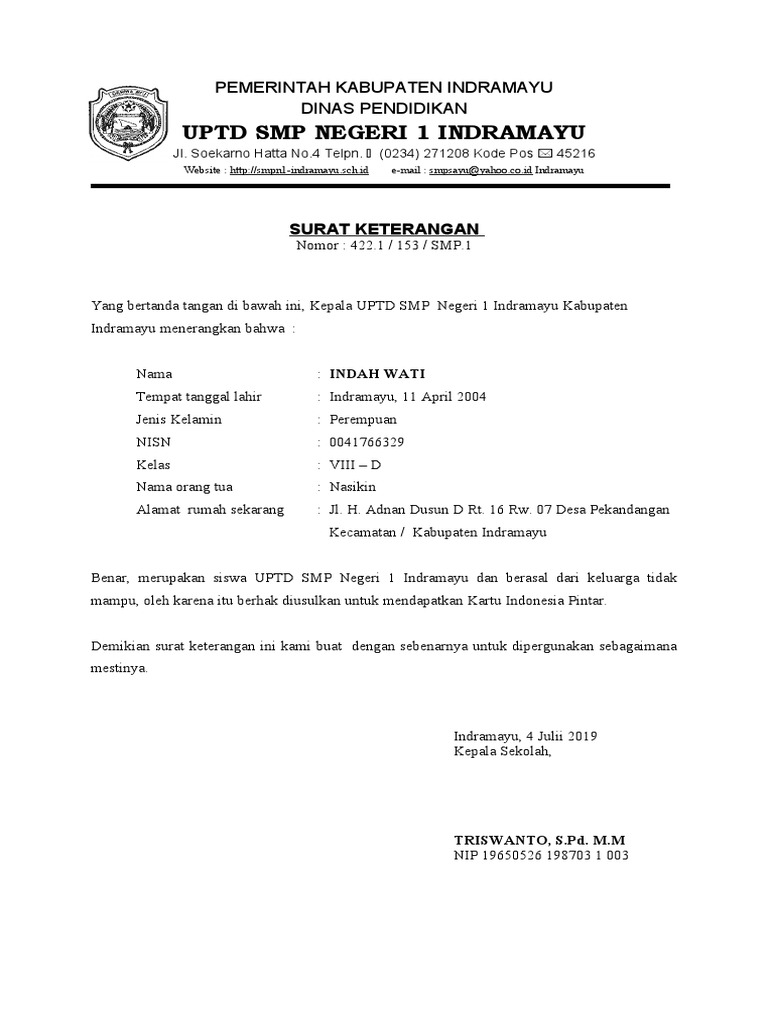 Surat Keterangan Siswa PKH | PDF