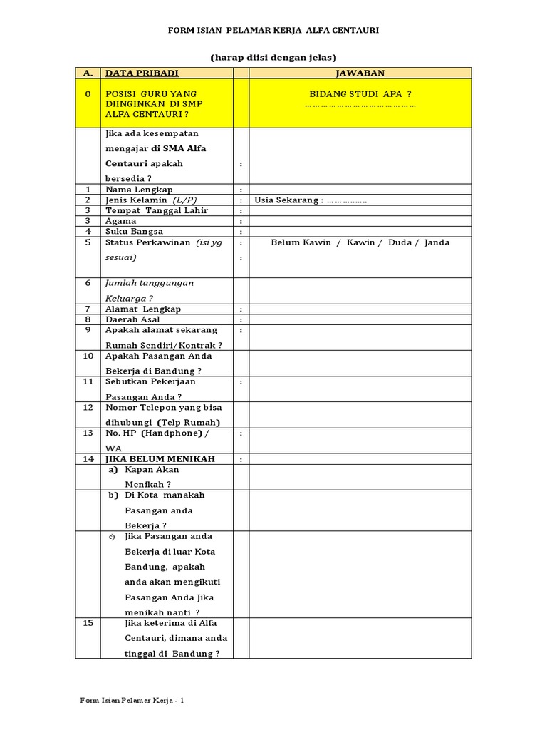 Form Isi Pelamar Guru - SMP Alfa Centauri | PDF