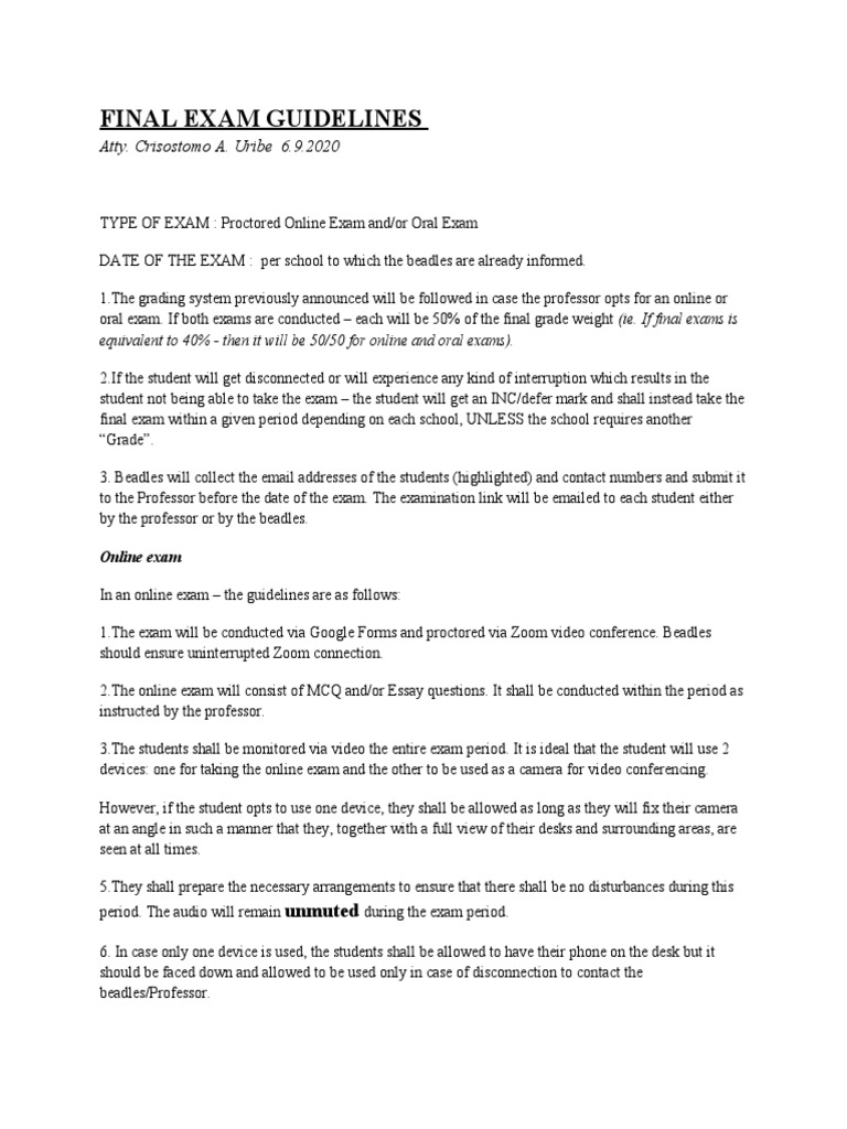 Final Exam Guidelines 6.9.2020 | PDF | Test (Assessment) | Test/Examination