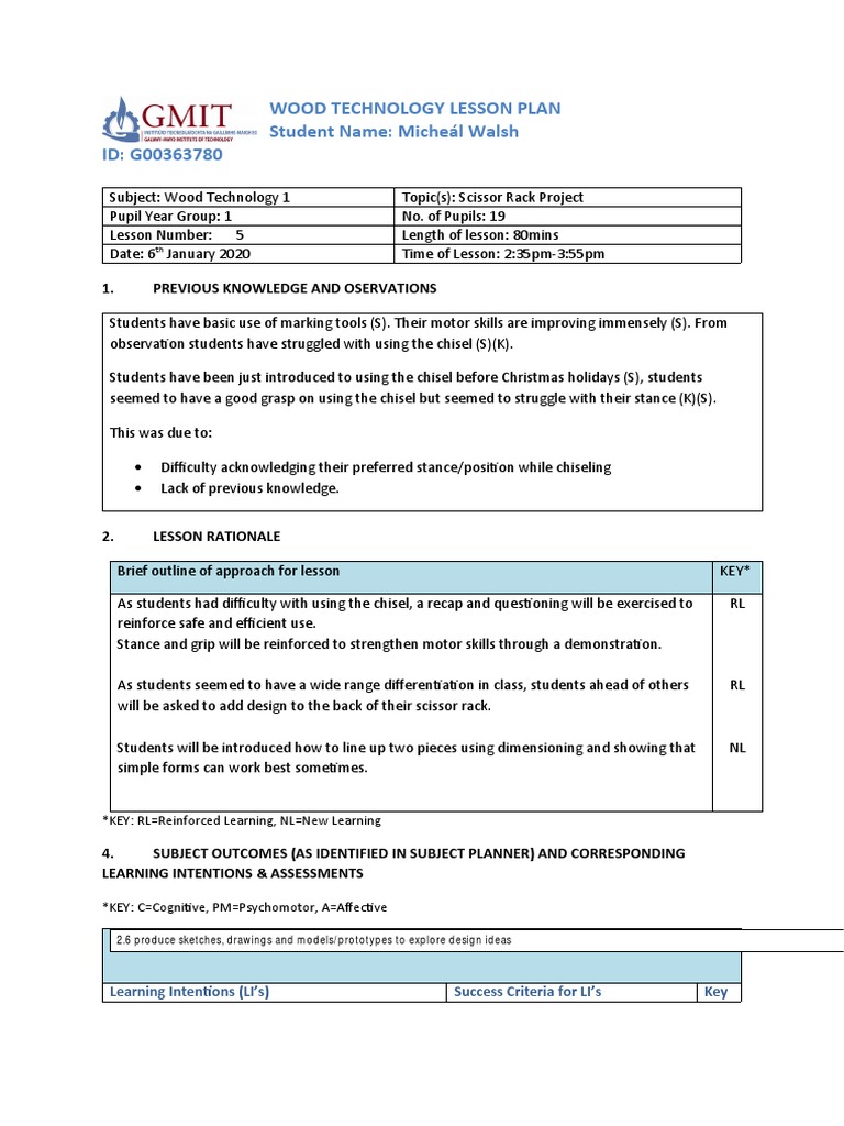 Lesson Plan Wood Technology 1st Year 5th Class | PDF | Pedagogy | Teachers