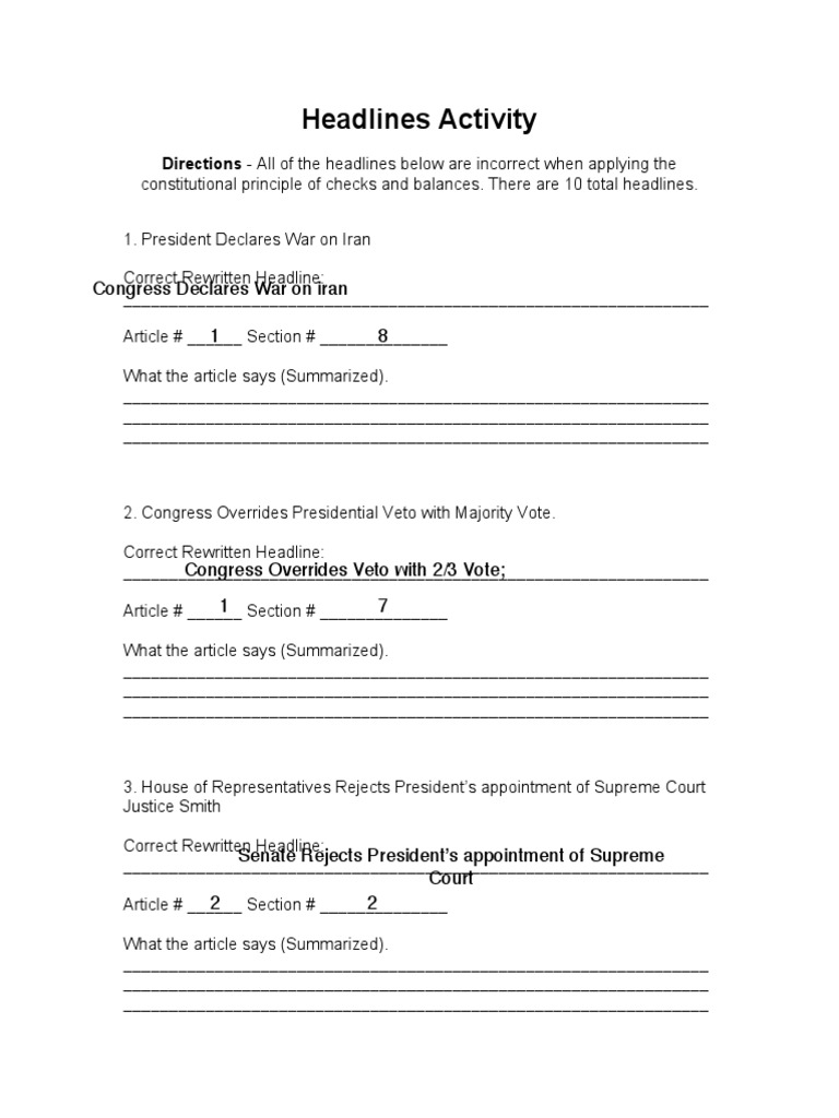 Headlines Activity | Download Free PDF | Presidents Of The United ...