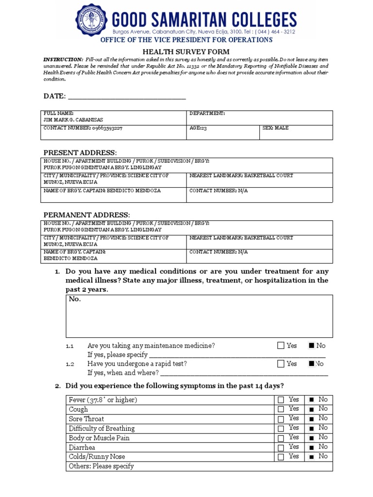 Office Health Survey Form | PDF | Common Cold | Diseases And Disorders