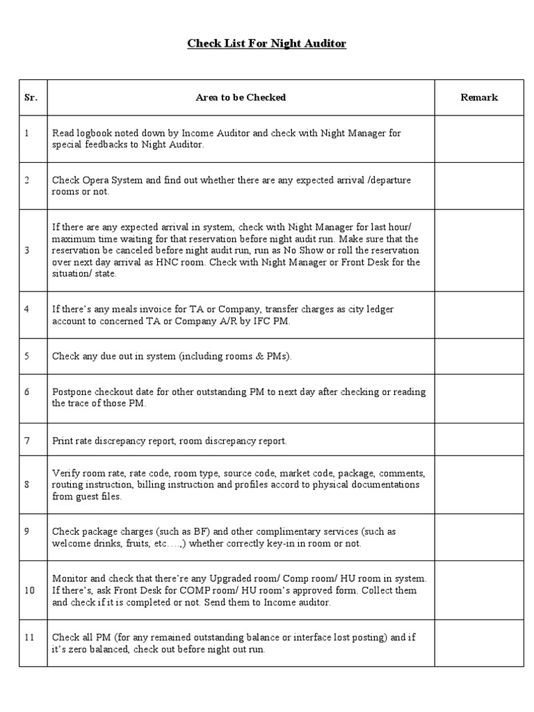 Night Auditor Checklist Guide | PDF | Service Industries | Payments